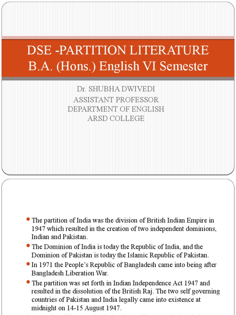 Dse - Partition Literature B.A. (Hons.) English VI Semester | PDF ...