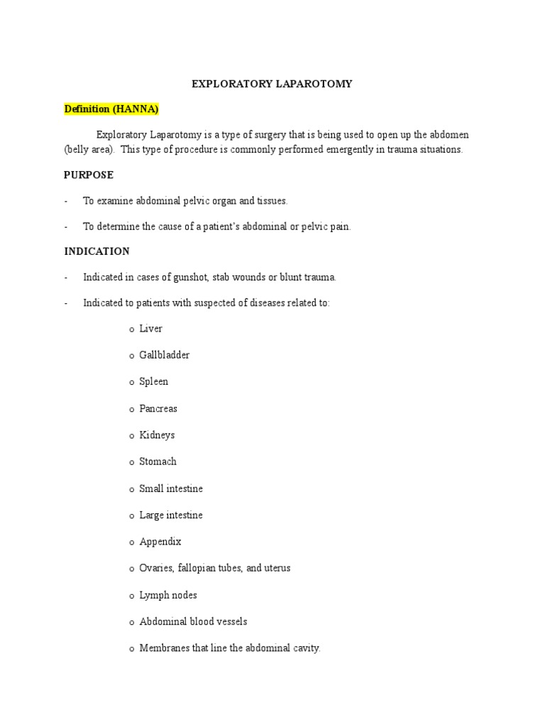 Exploratory Laparotomy Definition (HANNA) | PDF | Surgery | Abdomen
