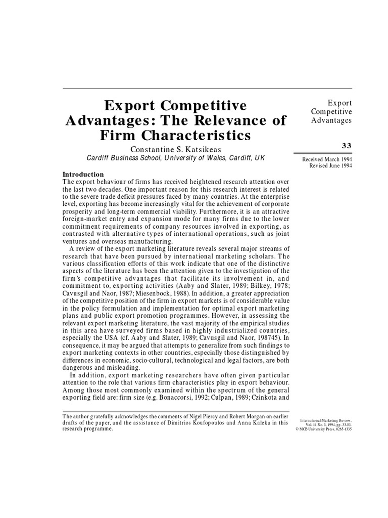 Export Competitive Advantages The Relevance of Firm Characteristics ...