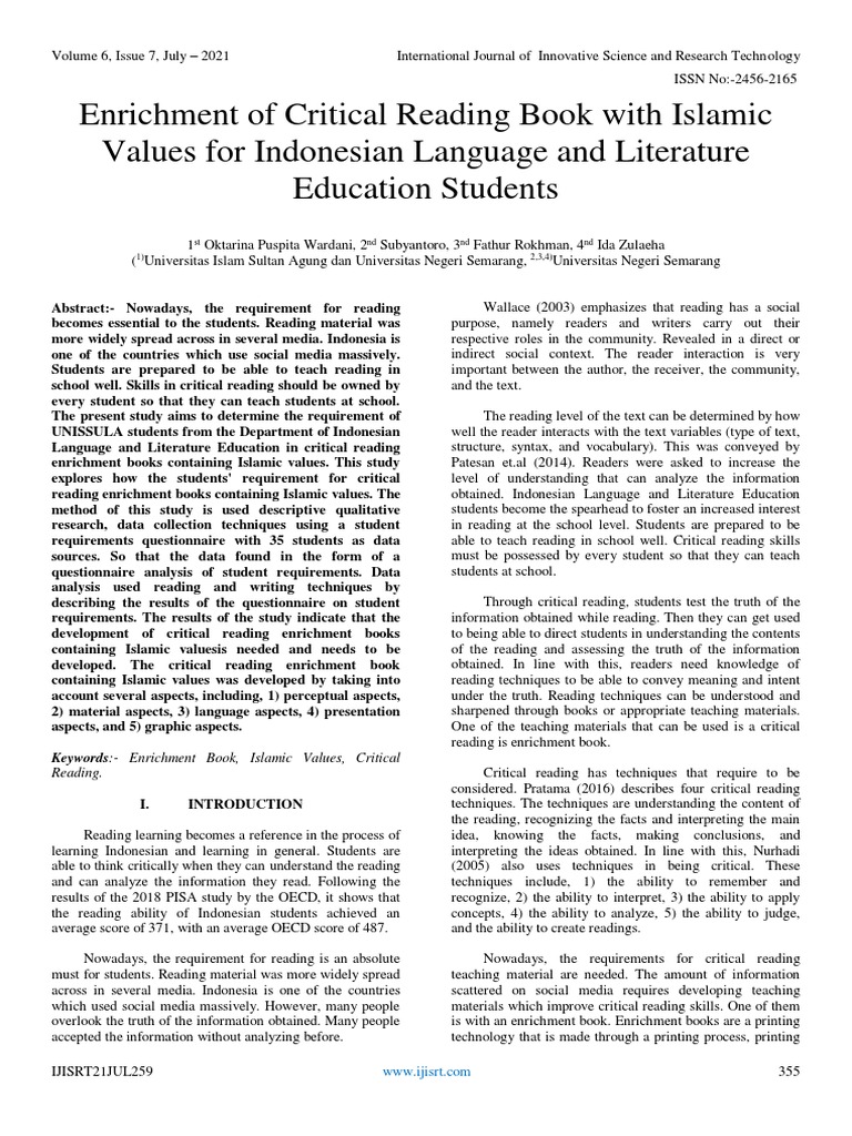 Enrichment of Critical Reading Book With Islamic Values For Indonesian ...