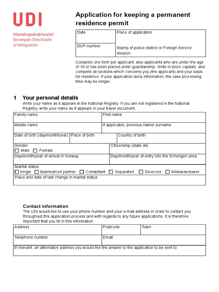 Norway Permanent Residence Application Form | PDF | Passport | Identity ...
