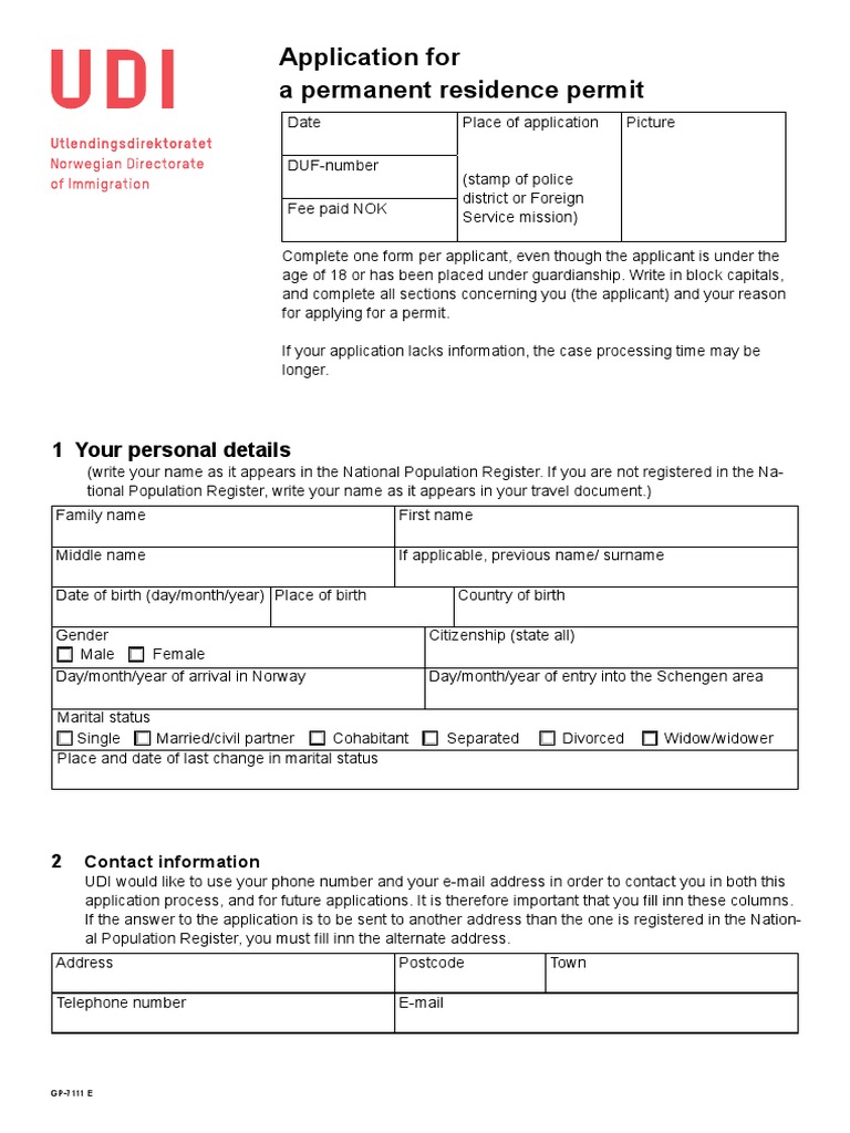Application For A Permanent Residence Permit: 1 Your Personal Details ...