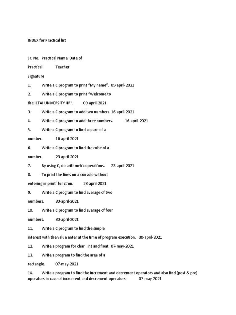 C Programming Practical Exercises List | PDF | Software Development ...