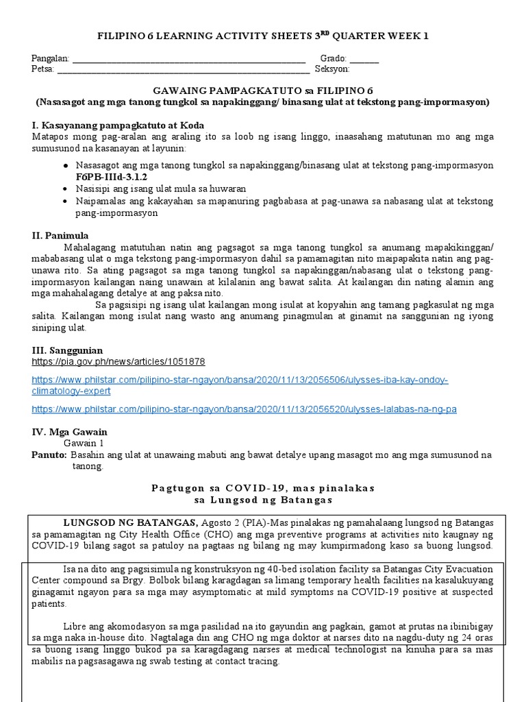Filipino 6 Learning Activity Sheets 3RD Quarter Week 1 | PDF