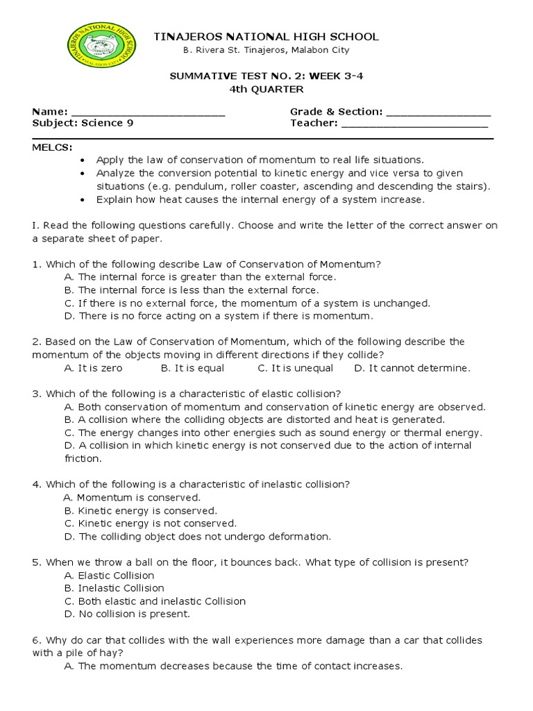 SCIENCE 9 4th QUARTER SUMMATIVE TEST NO.2 | PDF | Collision | Momentum