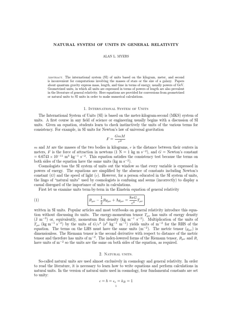 Natural System of Units in General Relativity | PDF | Electronvolt ...