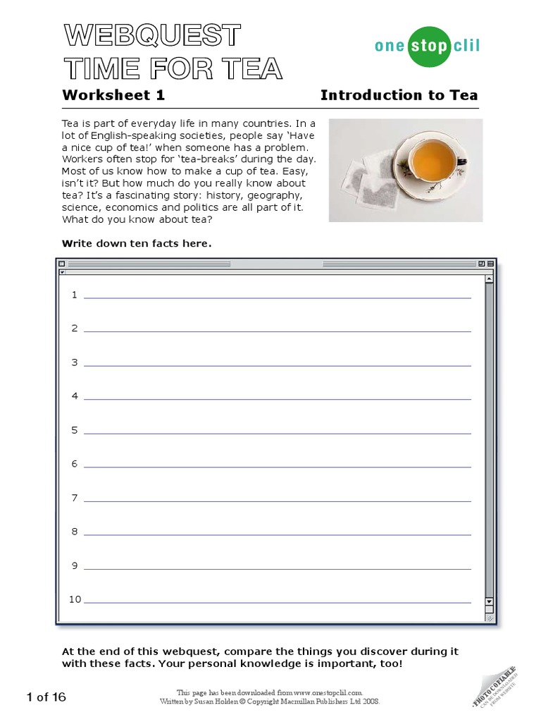 Worksheet 1 Introduction To Tea: Write Down Ten Facts Here | PDF | Tea ...