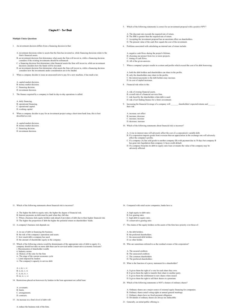 Chapter 05 - Test Bank: Multiple Choice Questions | PDF | Warrant ...