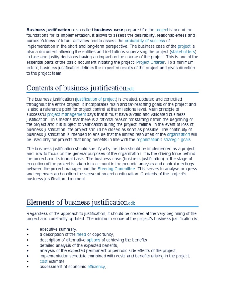 Contents of Business Justification: Project Probability of Success ...