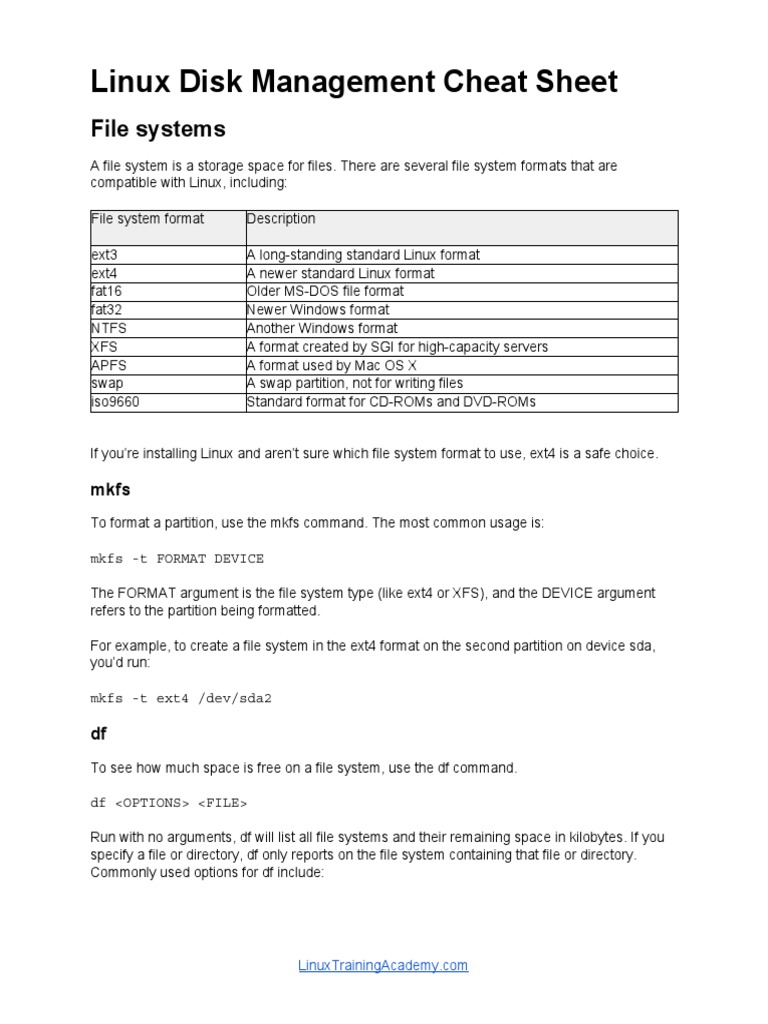 Linux Disk Management Cheat Sheet Pdf File System Computer File 5186
