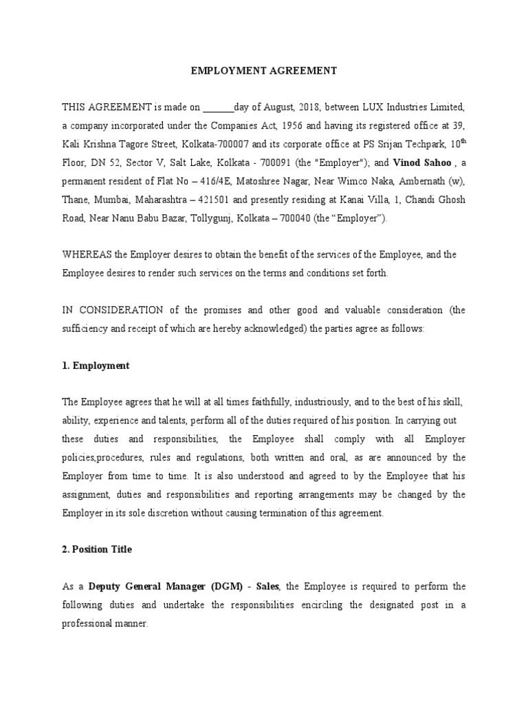 Employment Agreement (BOND) | PDF | Employment | Salary