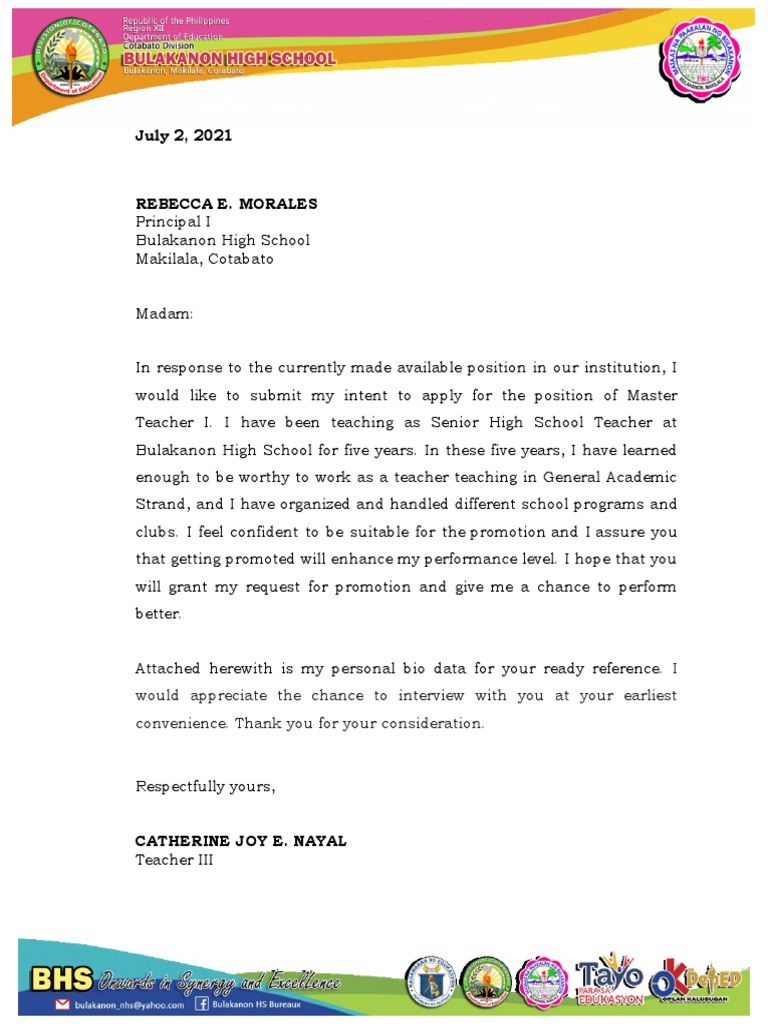 Teacher applies for promotion to Master Teacher I | PDF