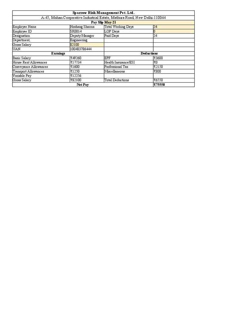 Salary Slip Format in Excel With Formulas 1 | PDF