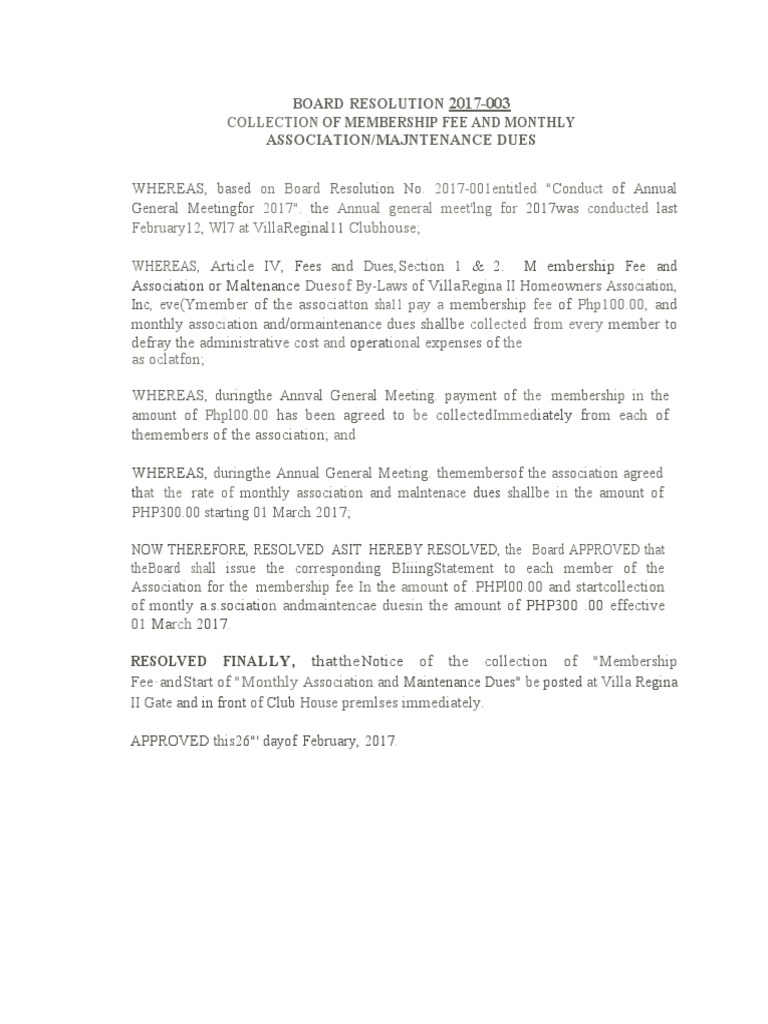 Board Resolution 2021 Monthly Fees | PDF