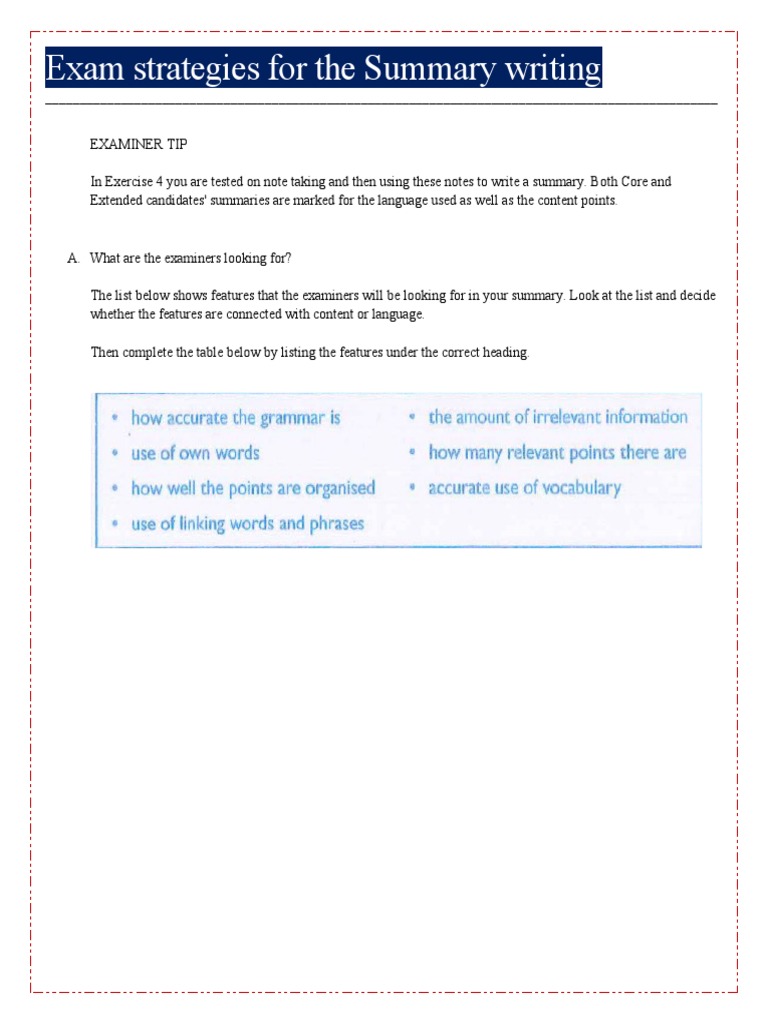 Exam Strategies For The Summary Writing | PDF | Test (Assessment) | Phrase