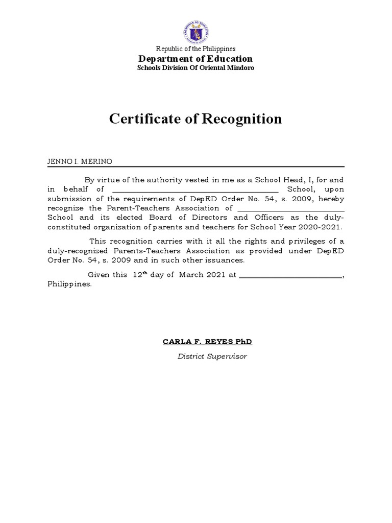 Certificate of Recognition Pta.2 | PDF