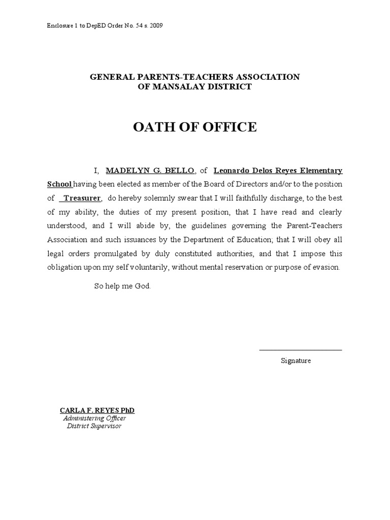 PTA Officers Oath of Office Sample | PDF | Self-Improvement