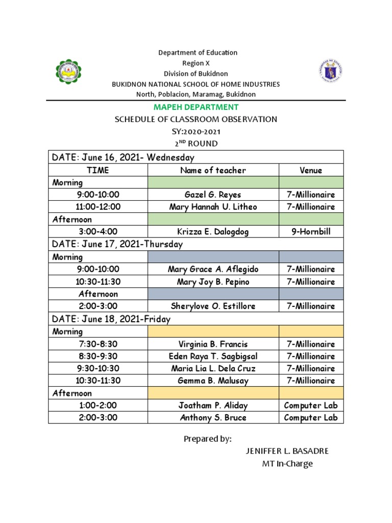 Schedule For Classroom Observation 20 21 | PDF