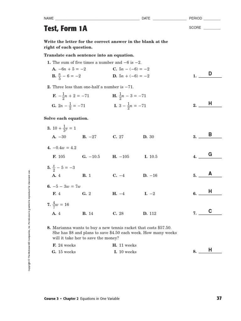 Test, Form 1A: NAME - DATE - PERIOD | PDF | Teaching Mathematics | Science