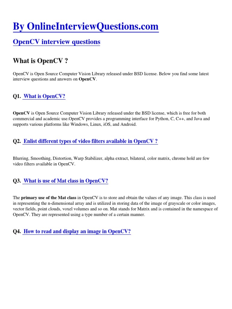 Opencv Interview Questions Pdf Imaging Computer Science 