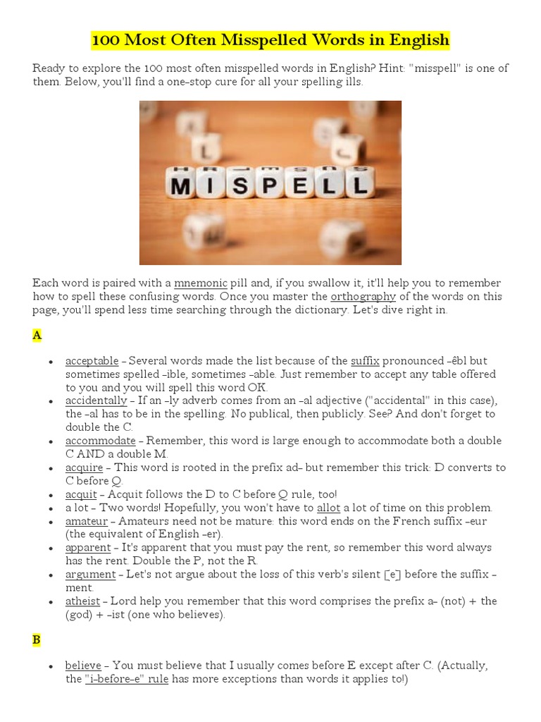 100 Commonly Misspelled English Words | PDF | Language Families | Grammar