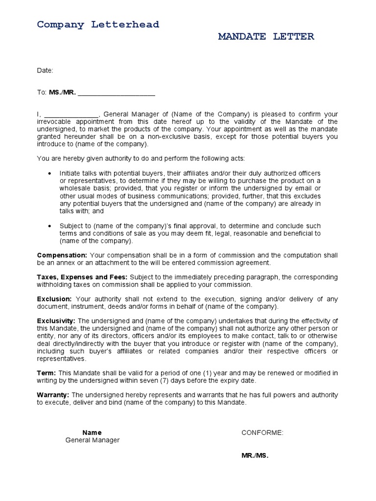Company Letterhead Mandate Letter | PDF | Civil Law (Legal System ...