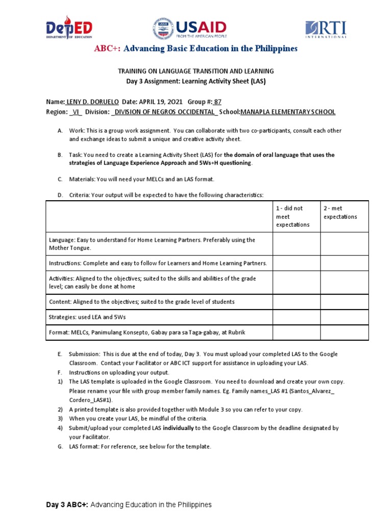 Advancing Basic Education in The Philippines: Day 3 Assignment: Learning Activity Sheet (LAS ...