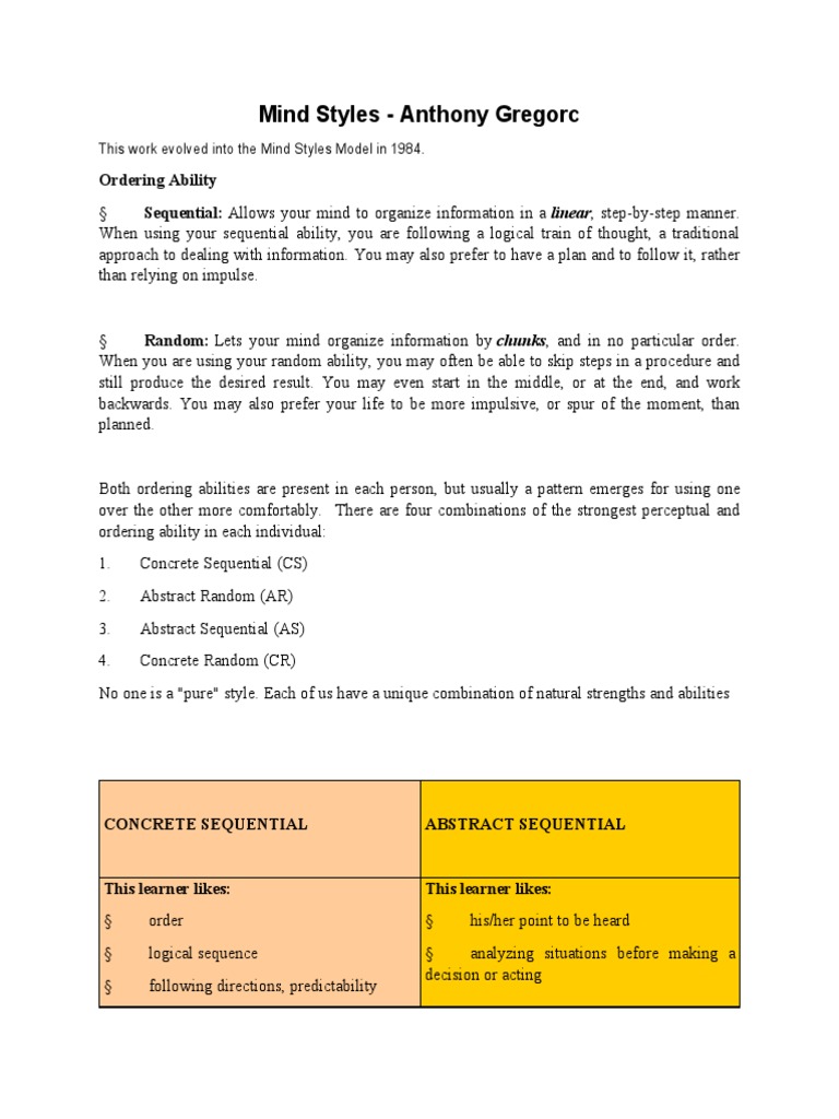 Mind Styles - Anthony Gregorc: Ordering Ability | PDF | Science ...
