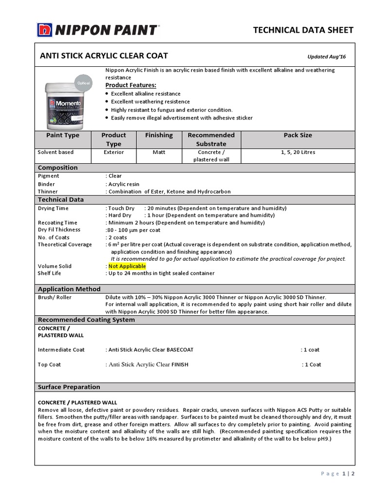 Anti Stick Acrylic Clear Coat: Technical Data Sheet | PDF | Acrylic ...