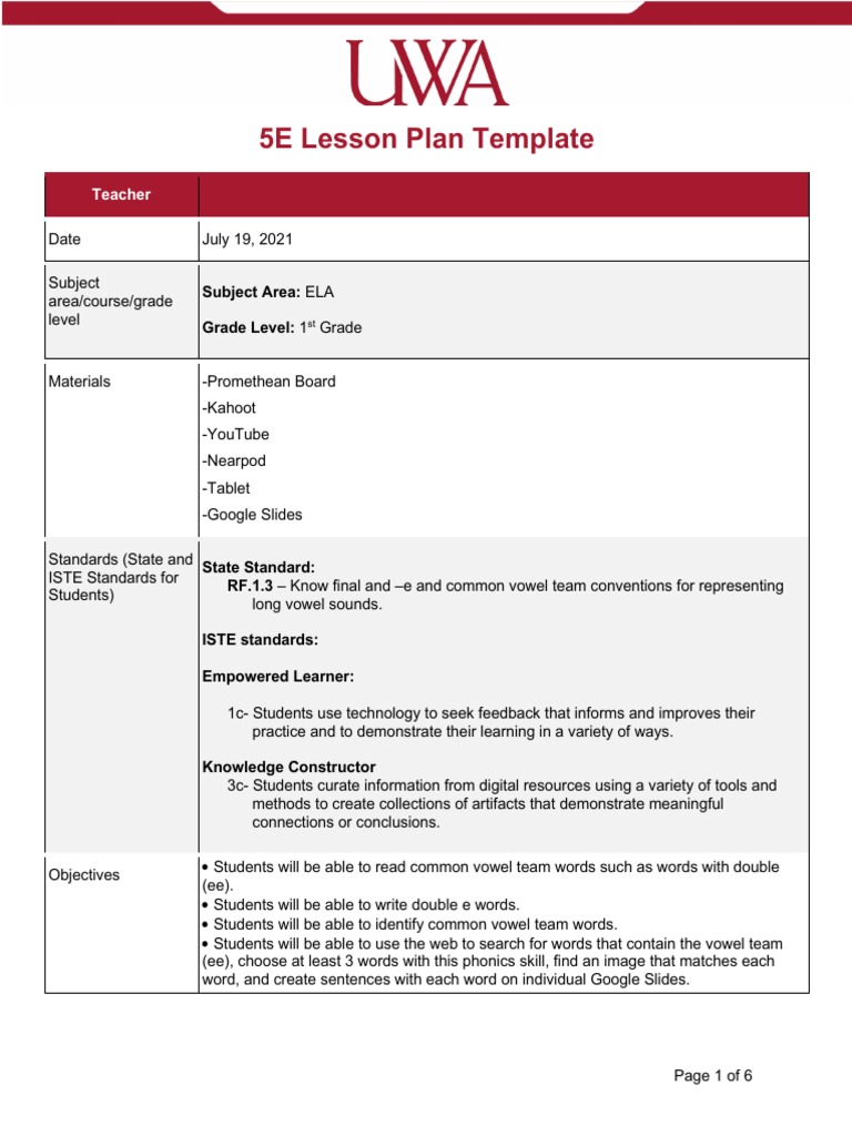 Williams Lesson Plan 1 | PDF | Phonics | Lesson Plan