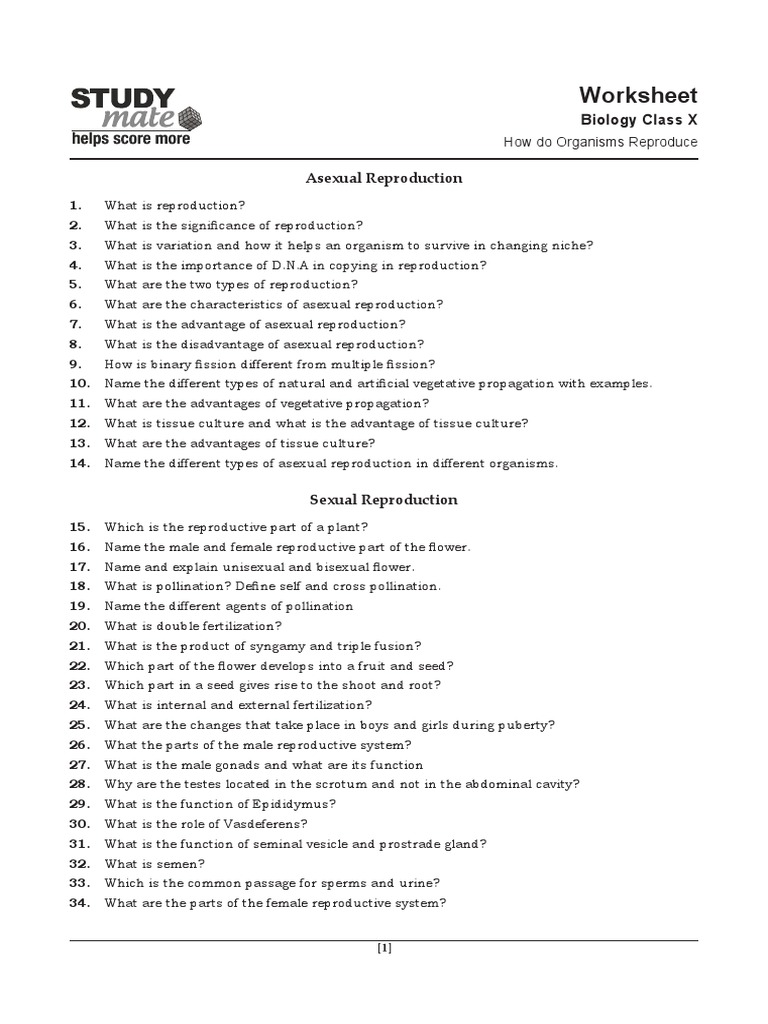 Class 10 Reproduction Worksheet | PDF | Reproduction | Sexual Reproduction