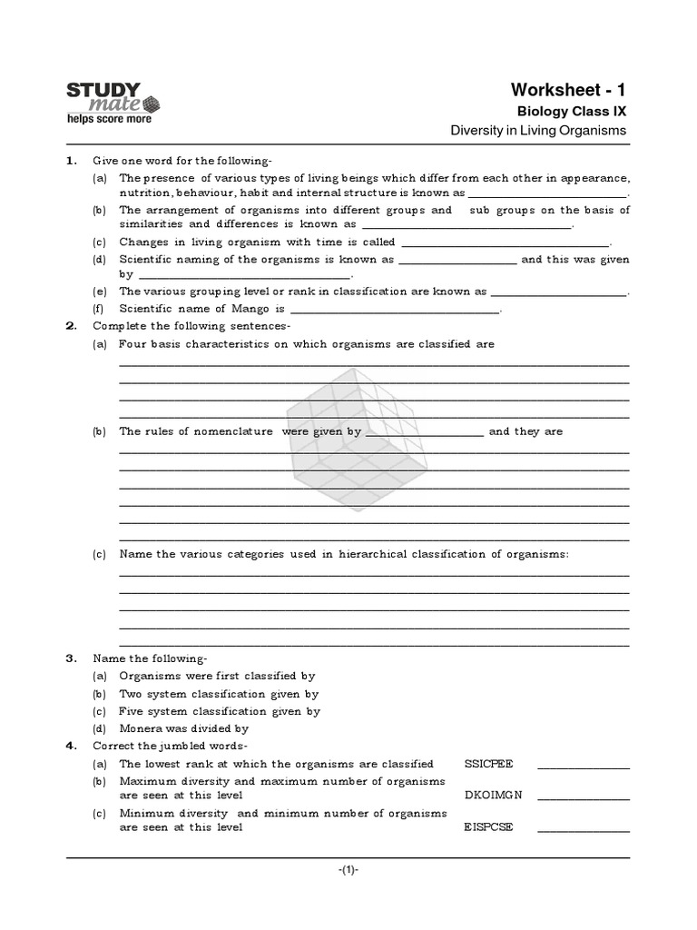 Diversity in Living Organisms Worksheet | PDF | Taxonomy (Biology) | Taxa