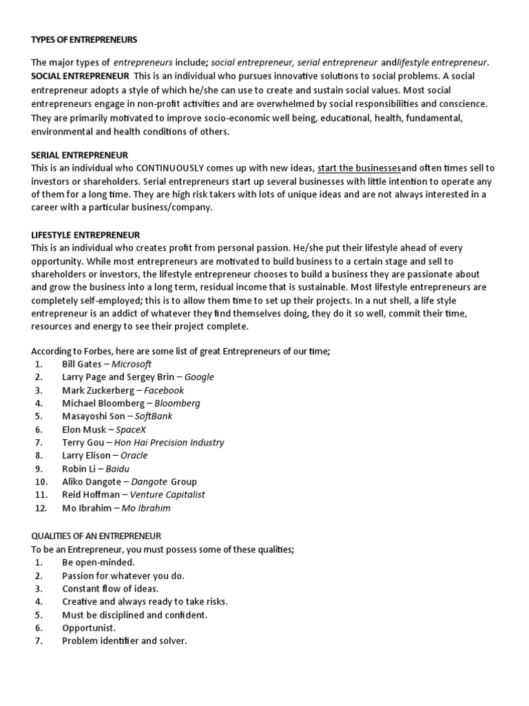Types of Entrepreneurs | PDF | Entrepreneurship | Risk