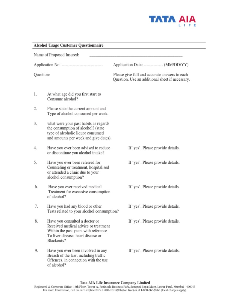 Alcohol Usage Questionnaire for Insurance | PDF | Health Care | Health ...