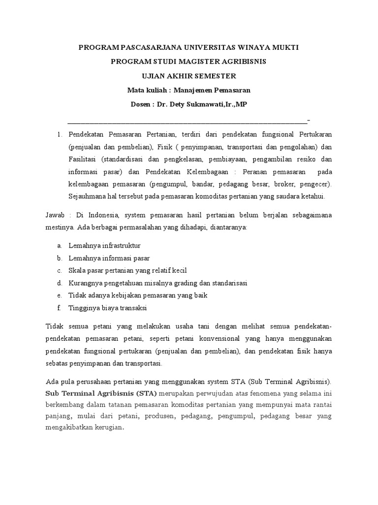 Soal Uas s2 Manajemen Pemasaran Kls Sukabumi | PDF