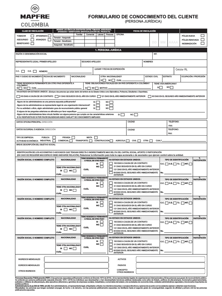Formulario Conocimiento Del Cliente SARLAFT PJ V202101 | PDF | Seguro | Póliza de seguros