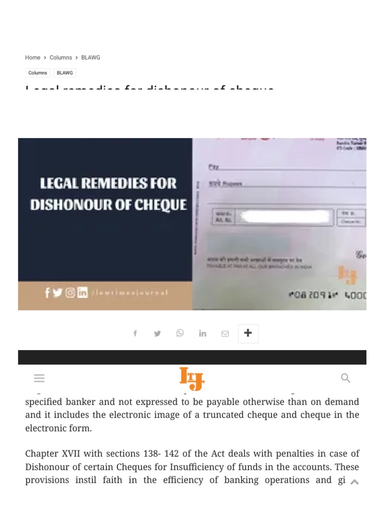 Legal Remedies For Dishonour of Cheque - Law Times Journal | PDF ...