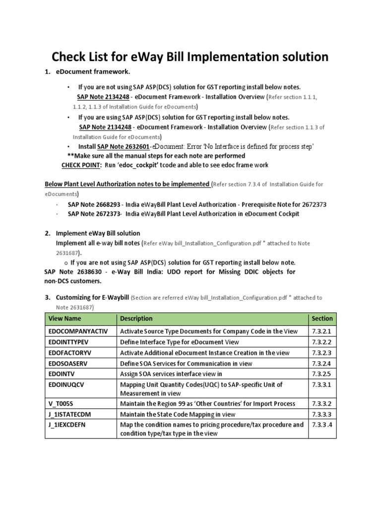 EWayBill Implemenation Check List | PDF
