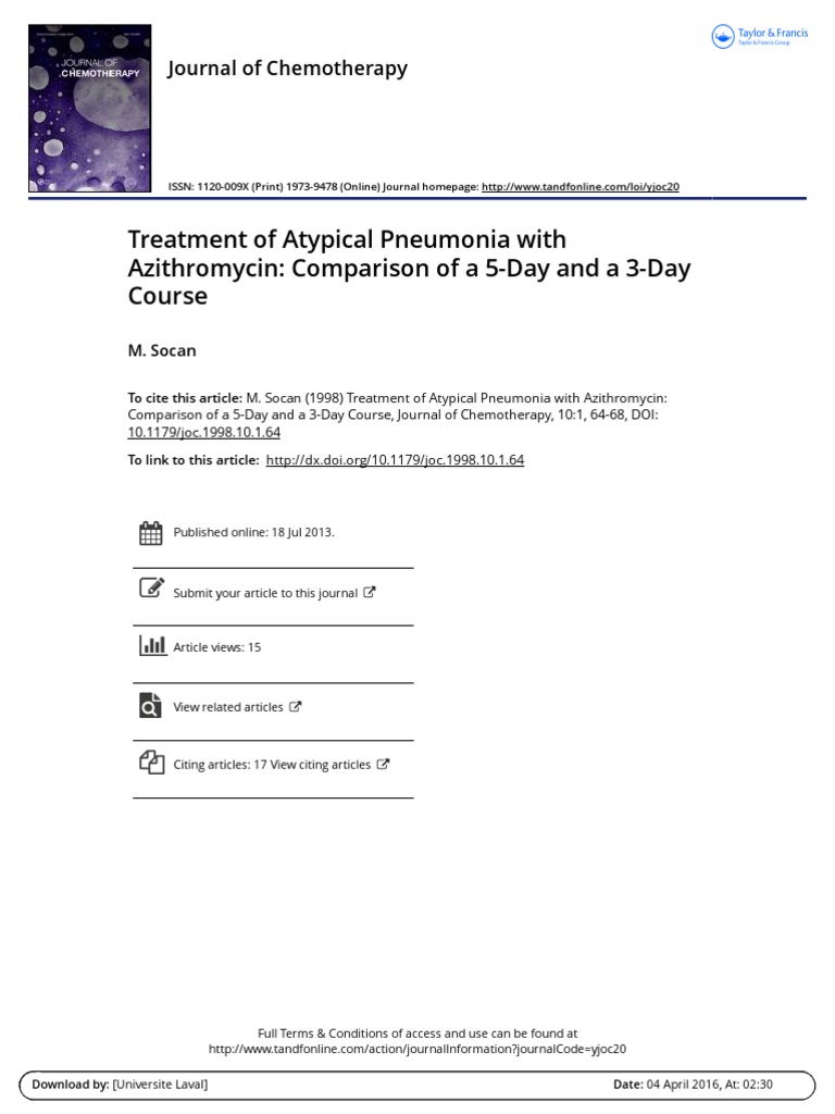 Treatment of Atypical Pneumonia With Azithromycin: Comparison of A 5 ...