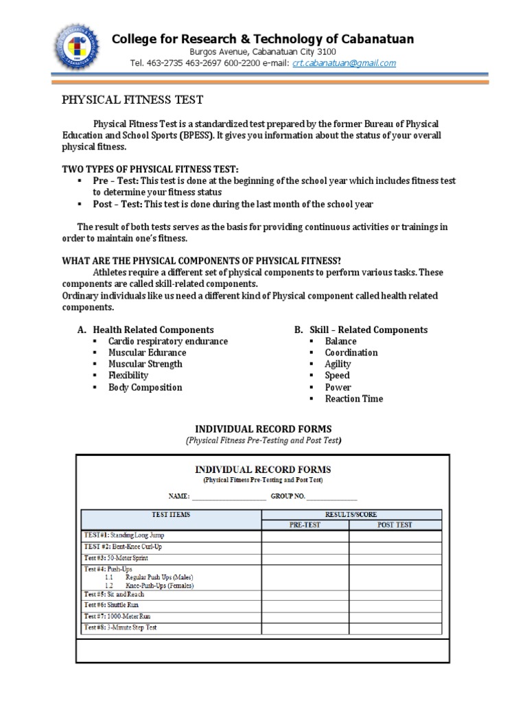 PE01 Handout PHYSICAL FITNESS TEST | PDF