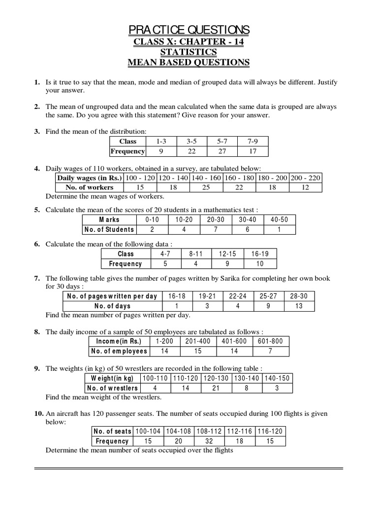Practice Questions: Class X: Chapter - 14 Statistics Mean Based ...