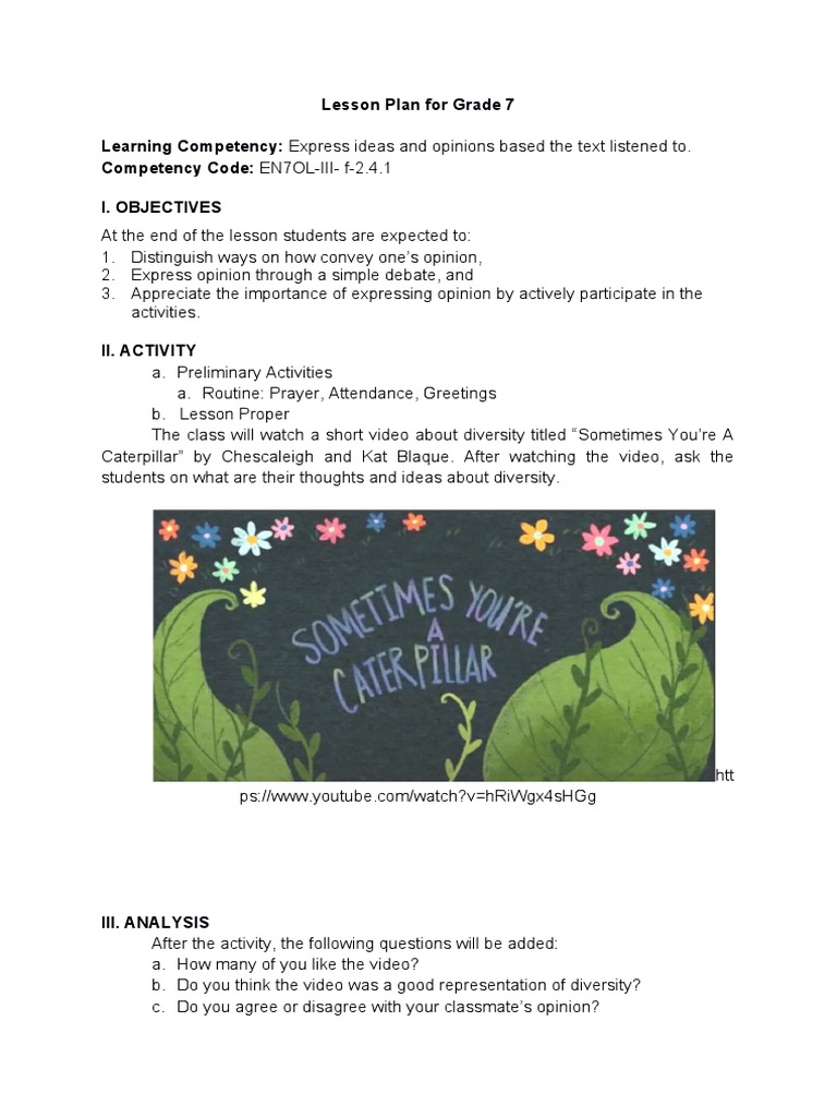 Lesson Plan For Grade 7 Learning Competency: Express Ideas and Opinions ...