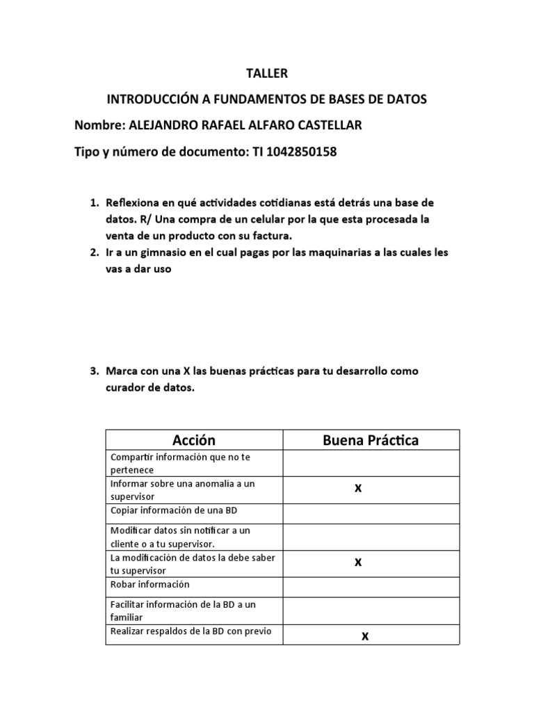Taller 1 Conceptos Basicos de Bases de Datos | Descargar gratis PDF | Bases de datos | Base de ...