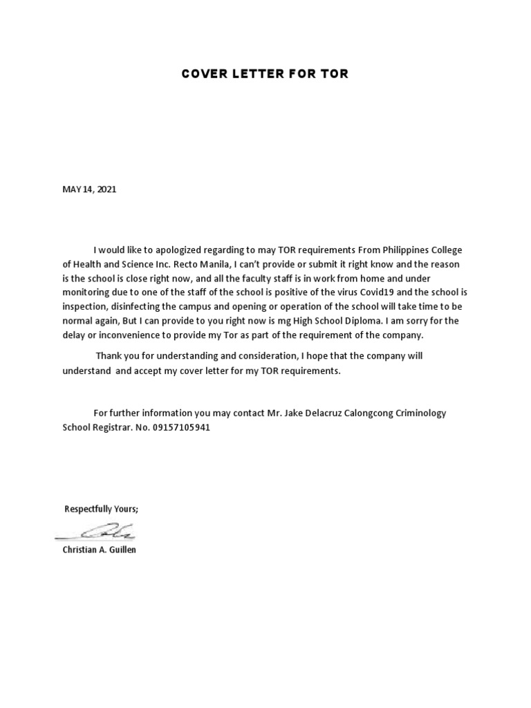 Cover Letter for TOR Request | PDF
