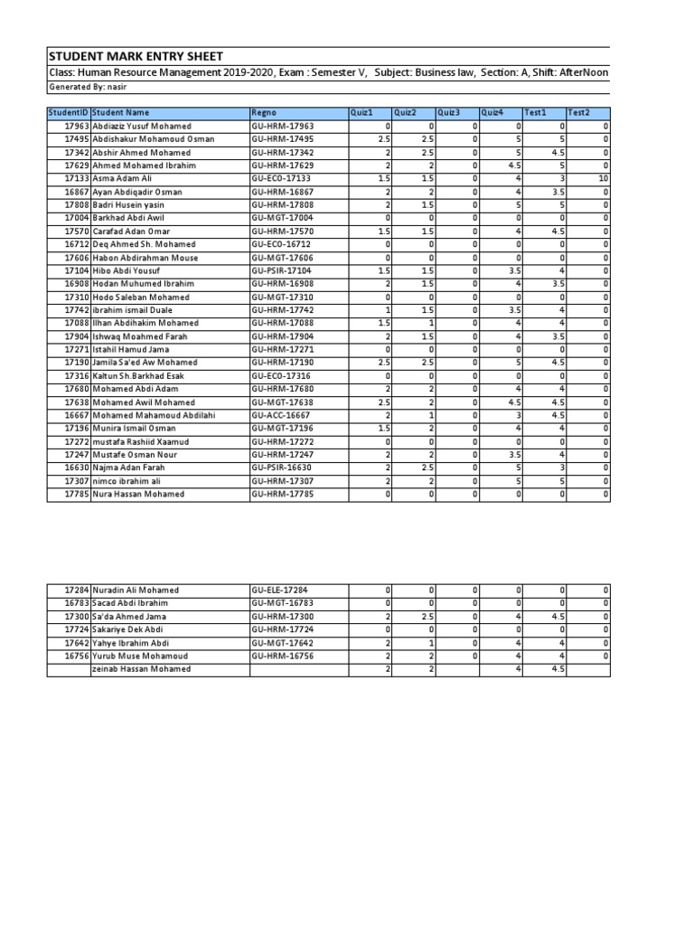 Student Mark Entry Sheet | PDF | Somalia