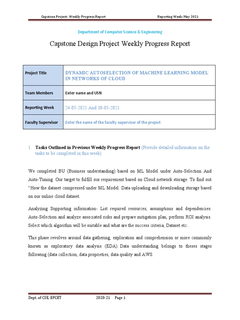 Capstone Design Project Weekly Progress Report: Dynamic Autoselection of Machine Learning Model ...