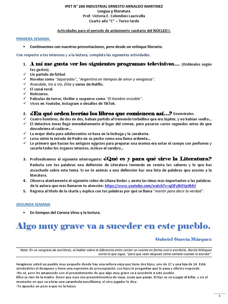 LyL - Actividades de Diagnóstico e Introducción A La Literatura | PDF | Realidad | Amor