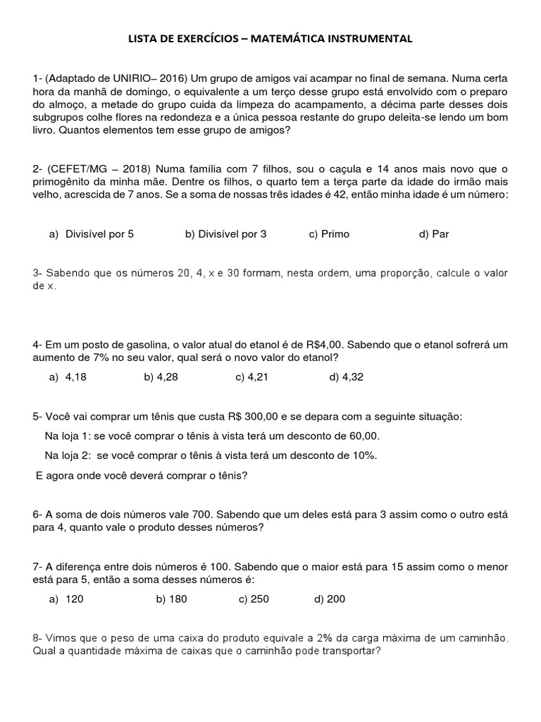 1 - Lista de Exercicios - Matemática | PDF | Vinhos | Juros