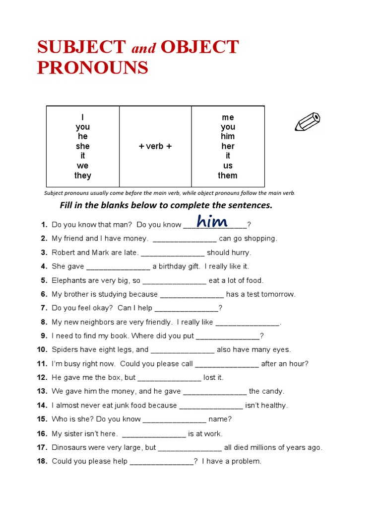 Subject Pronouns Worksheet