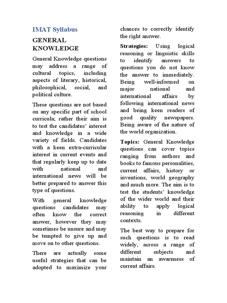 General Knowledge: IMAT Syllabus | PDF | Genetics | Cell (Biology)